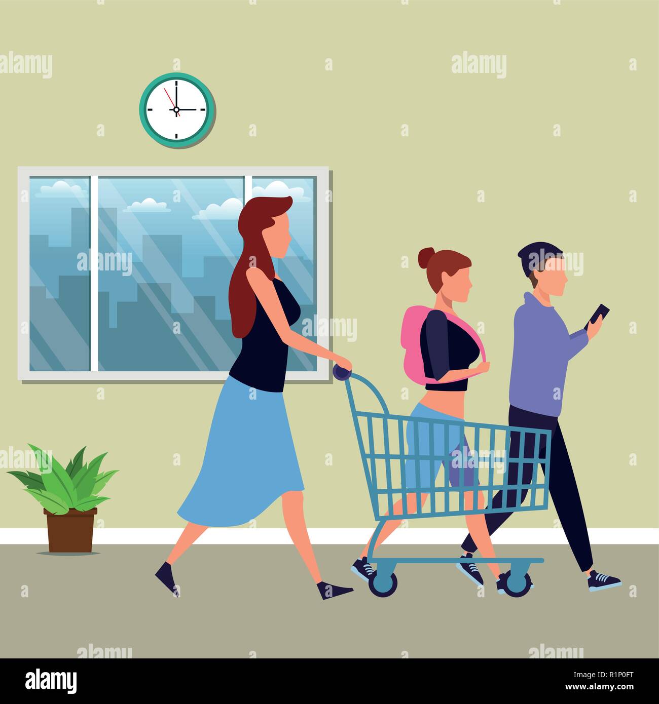 mother pushing shopping cart and youngs walking cartoon inside mall ...