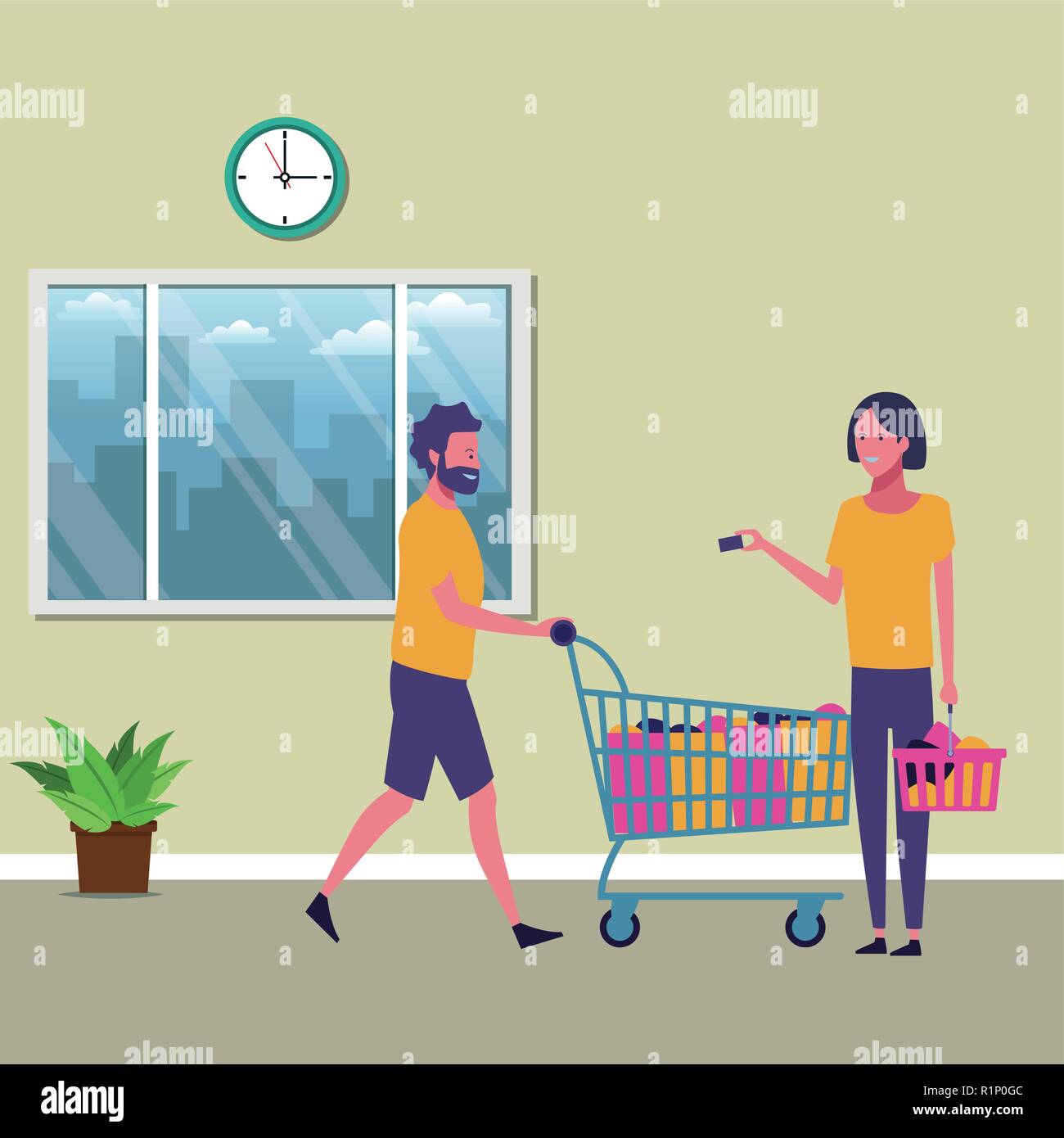 Couple with shopping bags and cart cartoon inside mall building vector ...