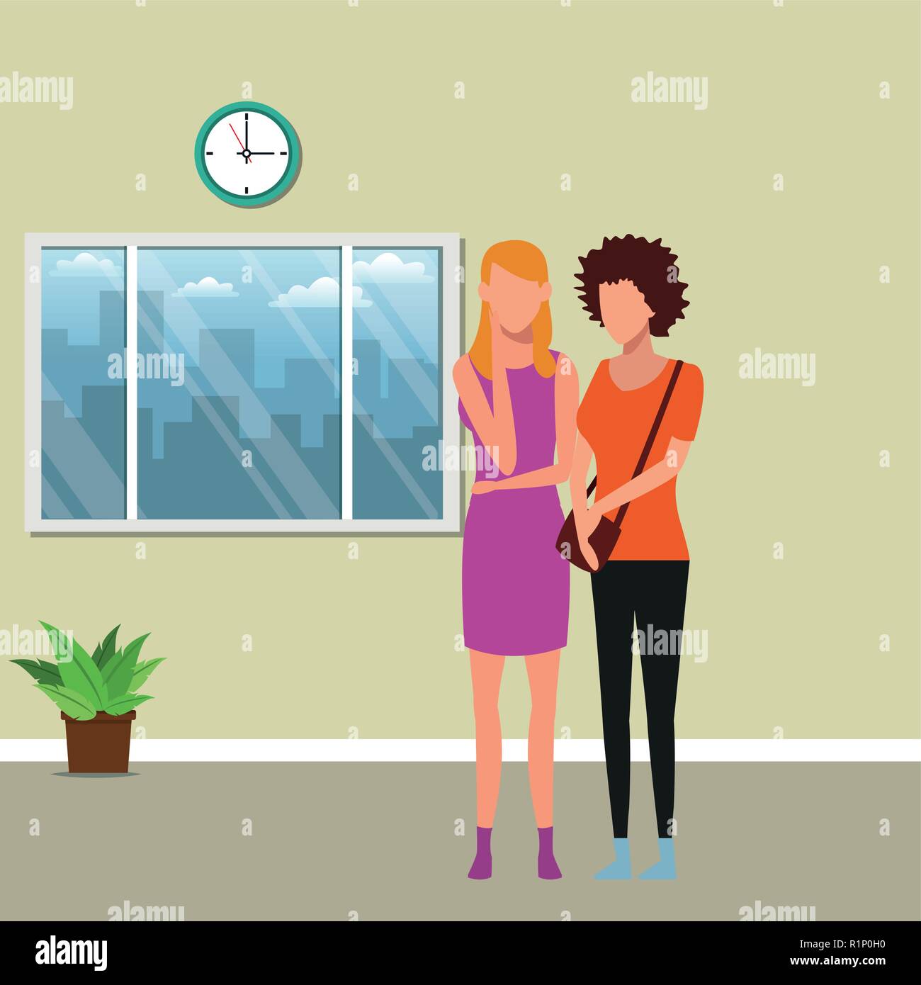 Young women friens cartoons inside office building vector illustration ...