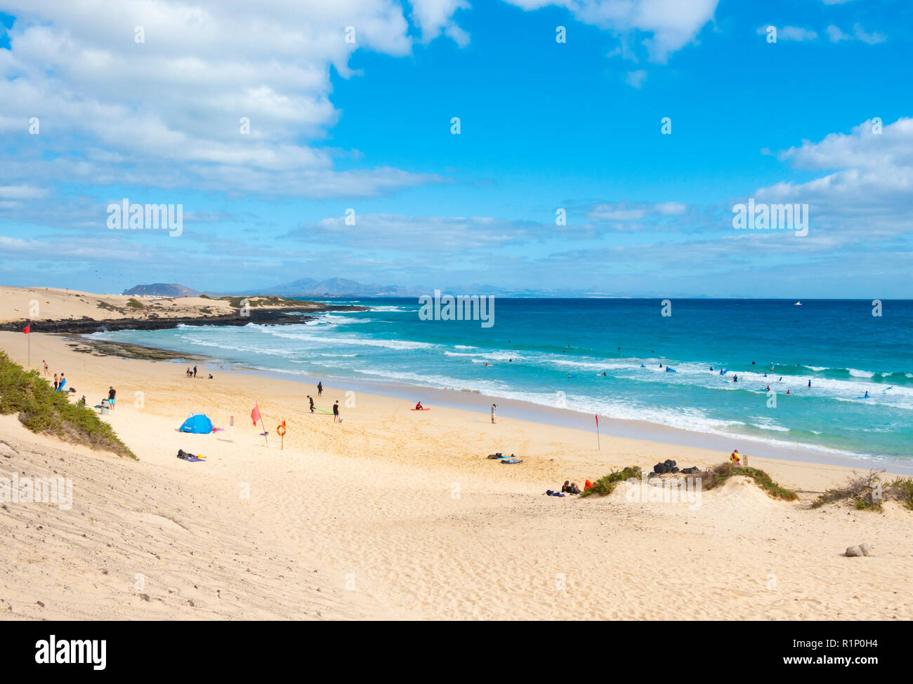 Surfing on beach near Corralejo, Parque Natural De Corralejo ...