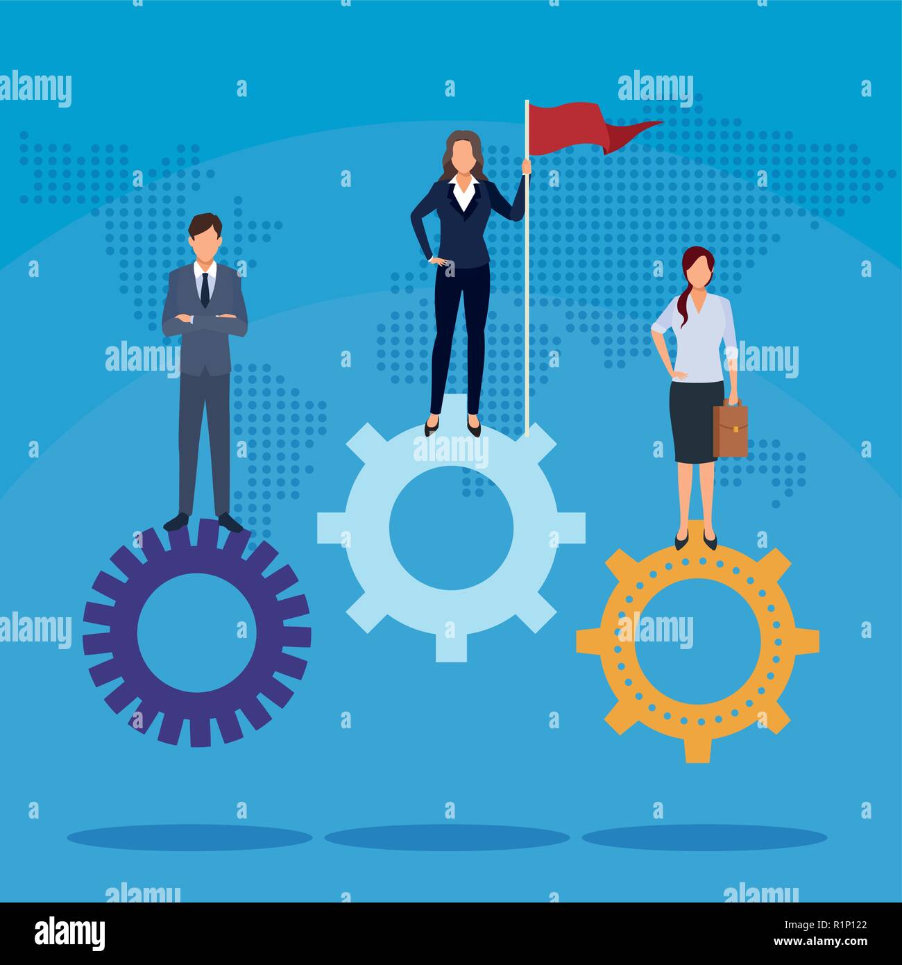 Business teamwork with flag on gears vector illustration graphic design ...