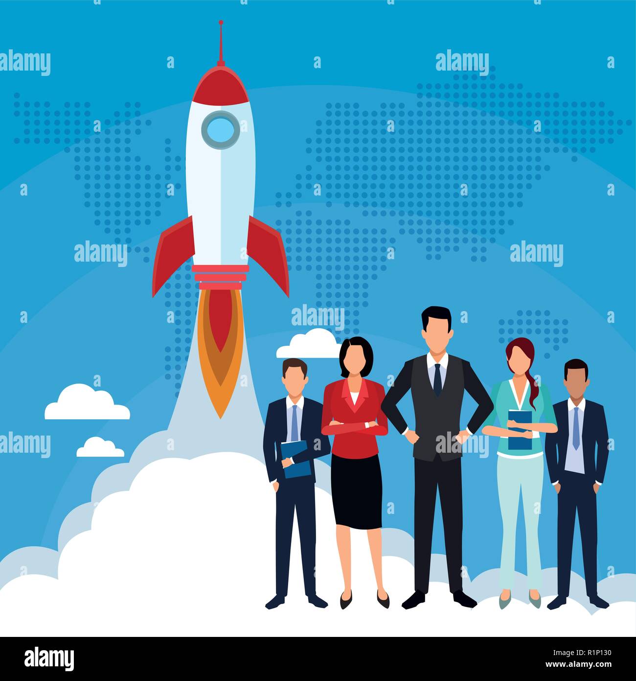 Startup business teamwork and spaceship taking off vector illustration ...
