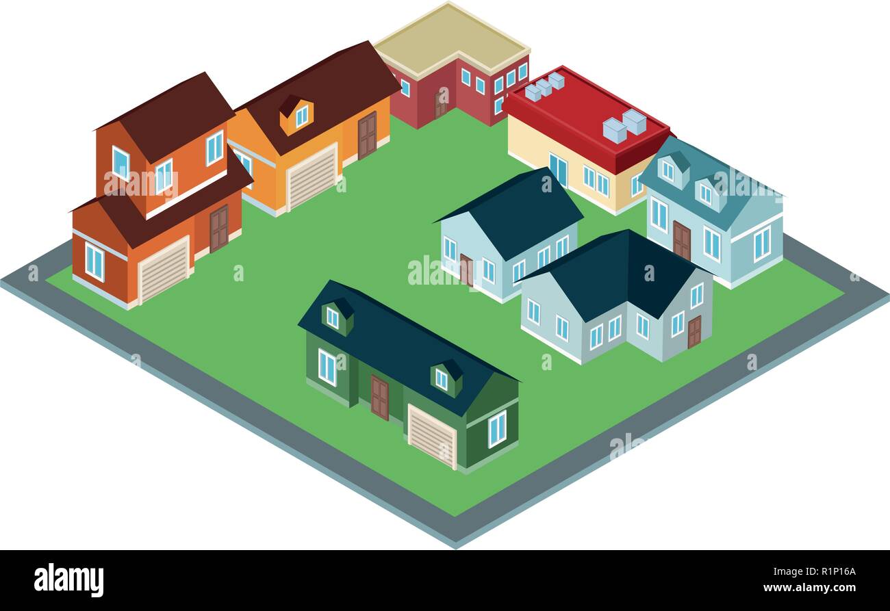 Residential houses on nature isometric concept vector illustration ...