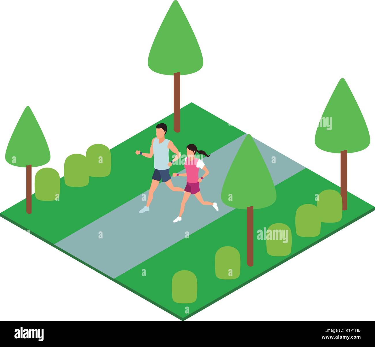 Park and people running on footpath isometric scenery vector ...
