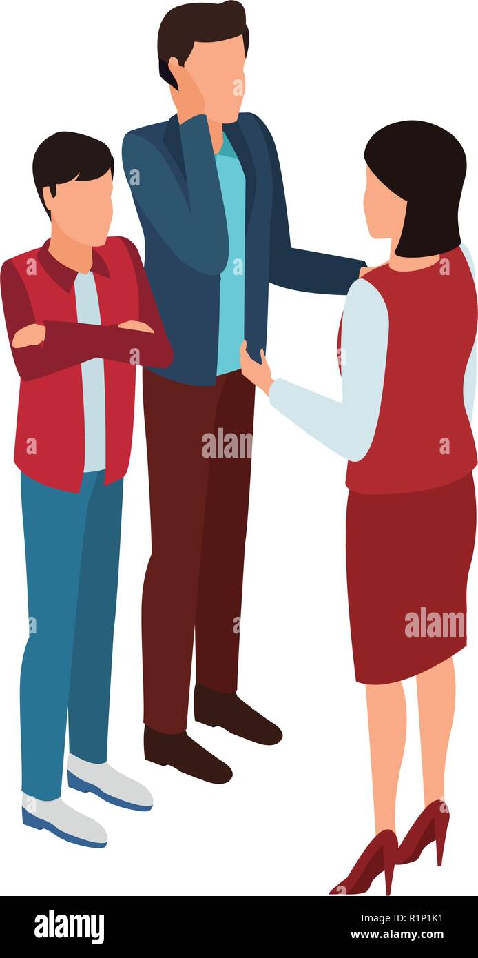 Mother and father talking and boy with arms crossed isometric avatar ...
