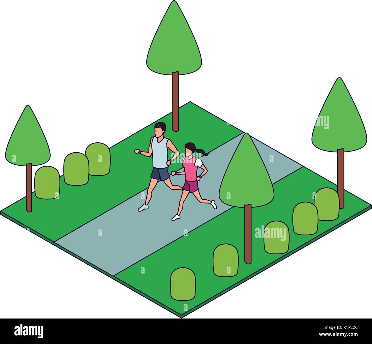 Park and people running on footpath isometric scenery vector ...