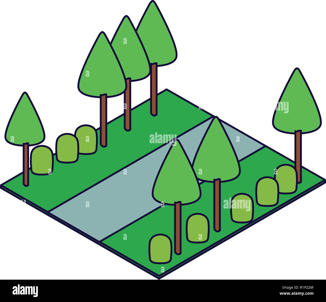 Park with footpath and trees isometric scenery vector illustration ...