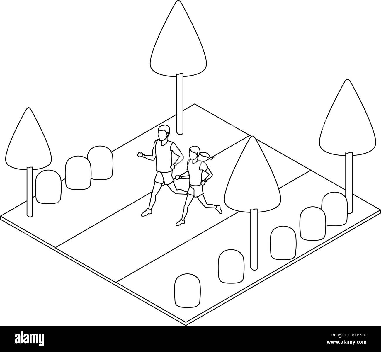 Park and people running on footpath isometric scenery vector ...