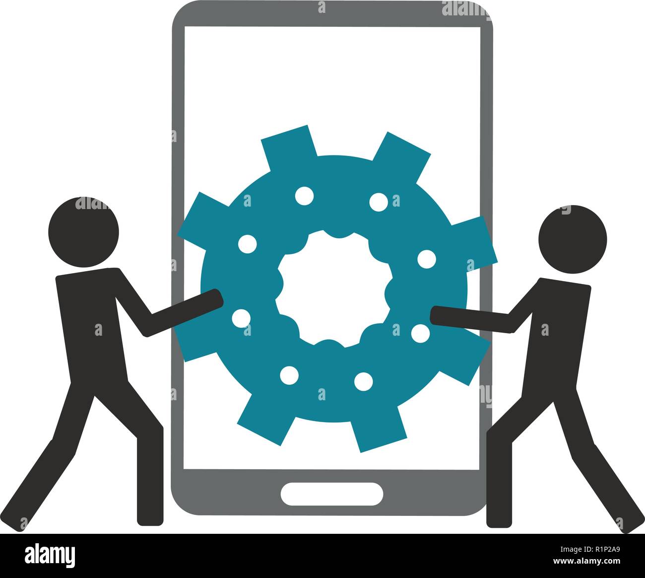 Men pulling gear on smartphone screen vector illustration graphic ...