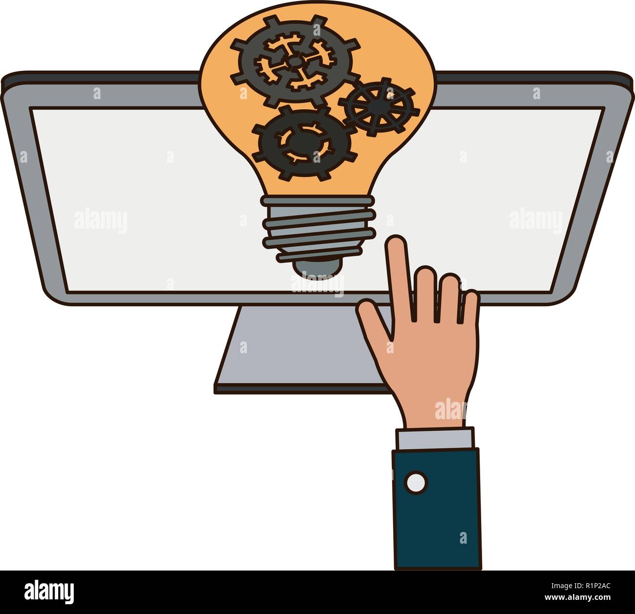 Businessman hand pointing computer with big idea vector illustration ...