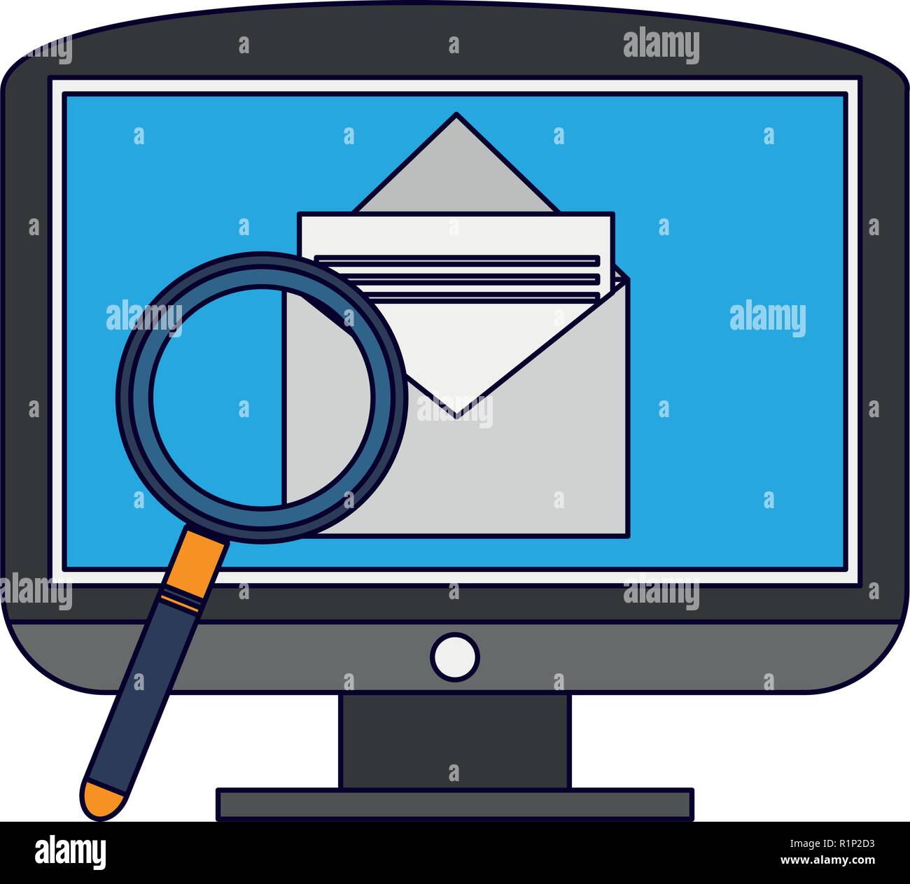 Sending email from computer with magnifyng glass vector illustration ...