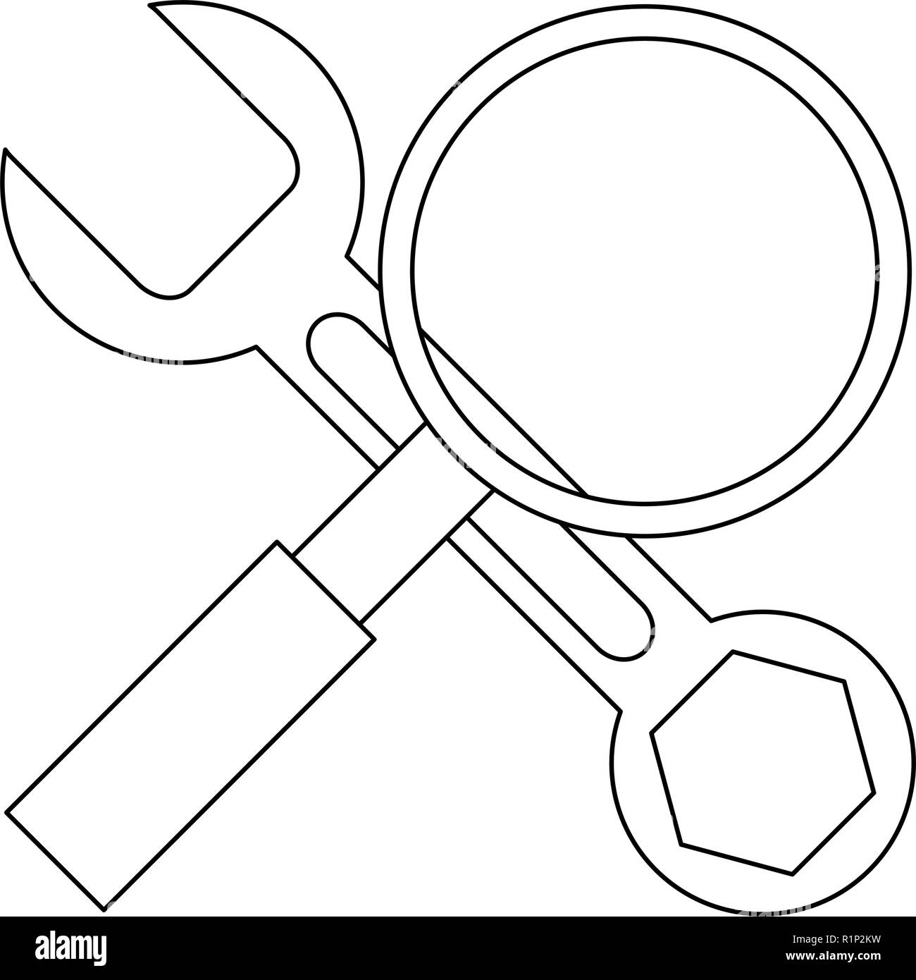 Wrench and magnifying glass symbol in black and white vector ...