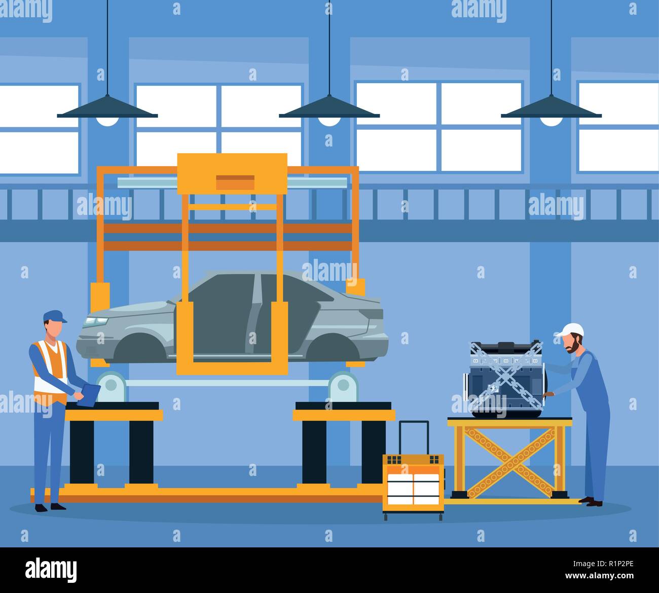 Car factory workers assembly line Stock Vector Images - Alamy