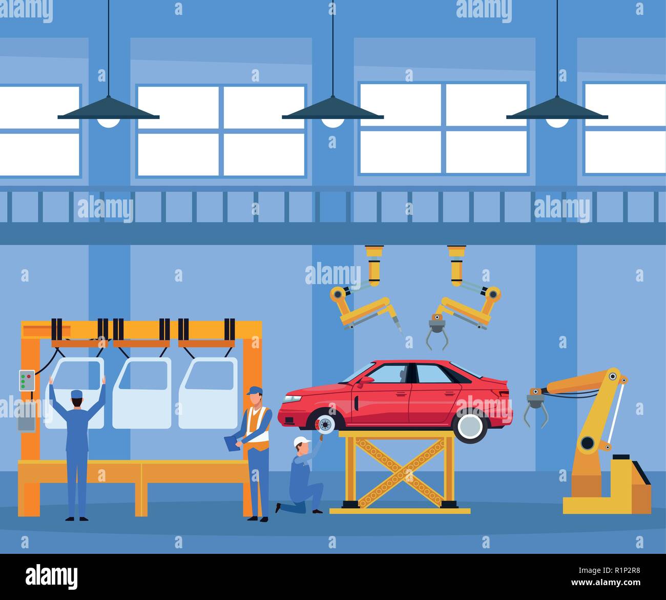 Workers on factory car assembling interior vector illustration graphic ...