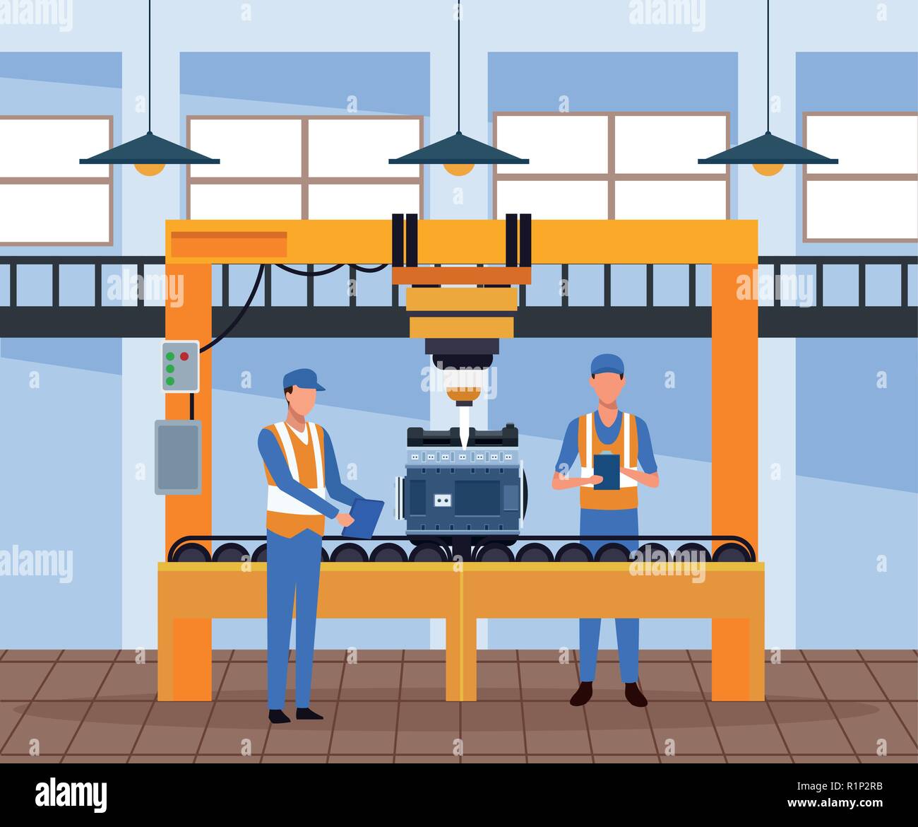 Workers on factory car assembling interior vector illustration graphic ...