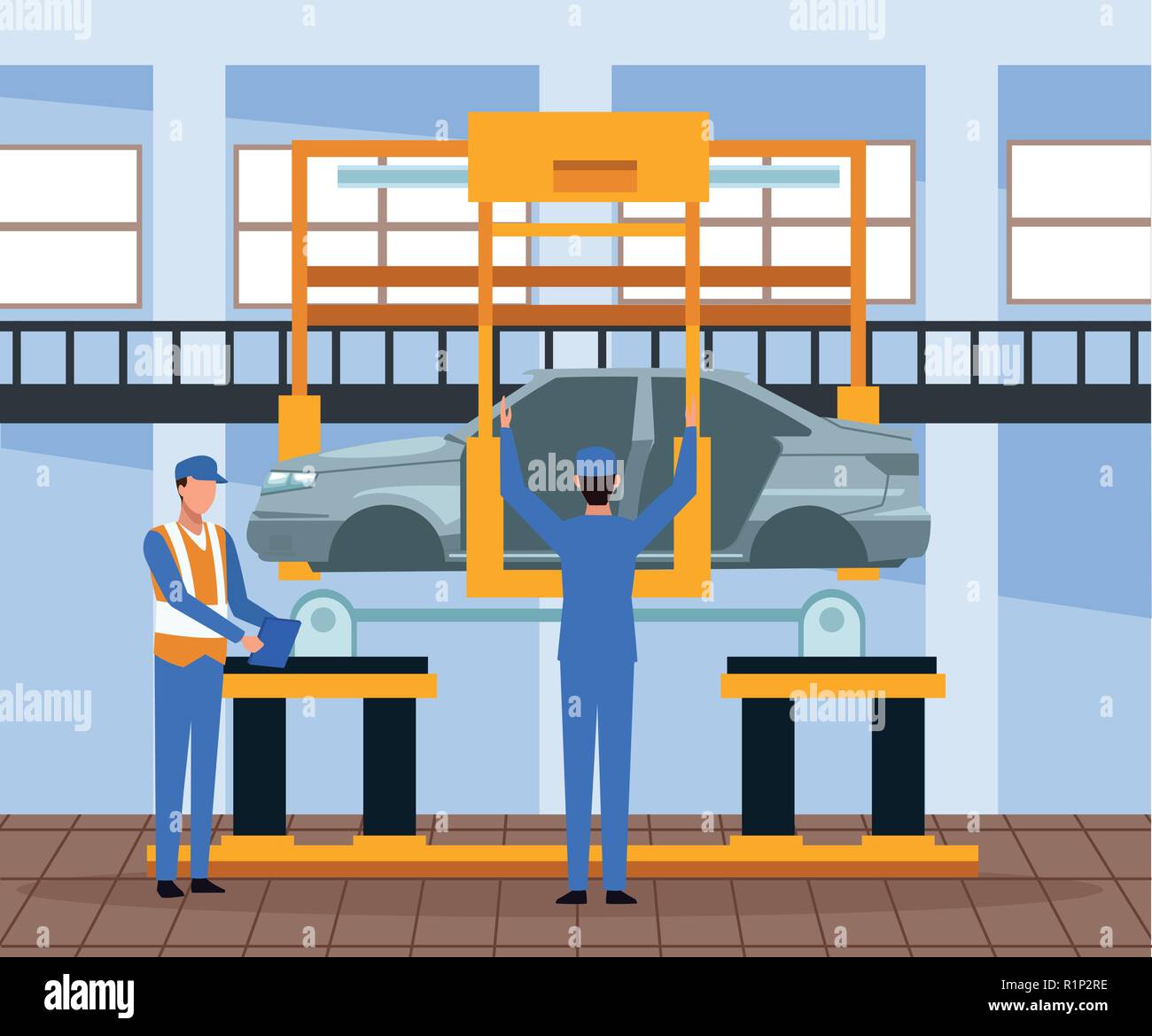 Workers on factory car assembling interior vector illustration graphic ...