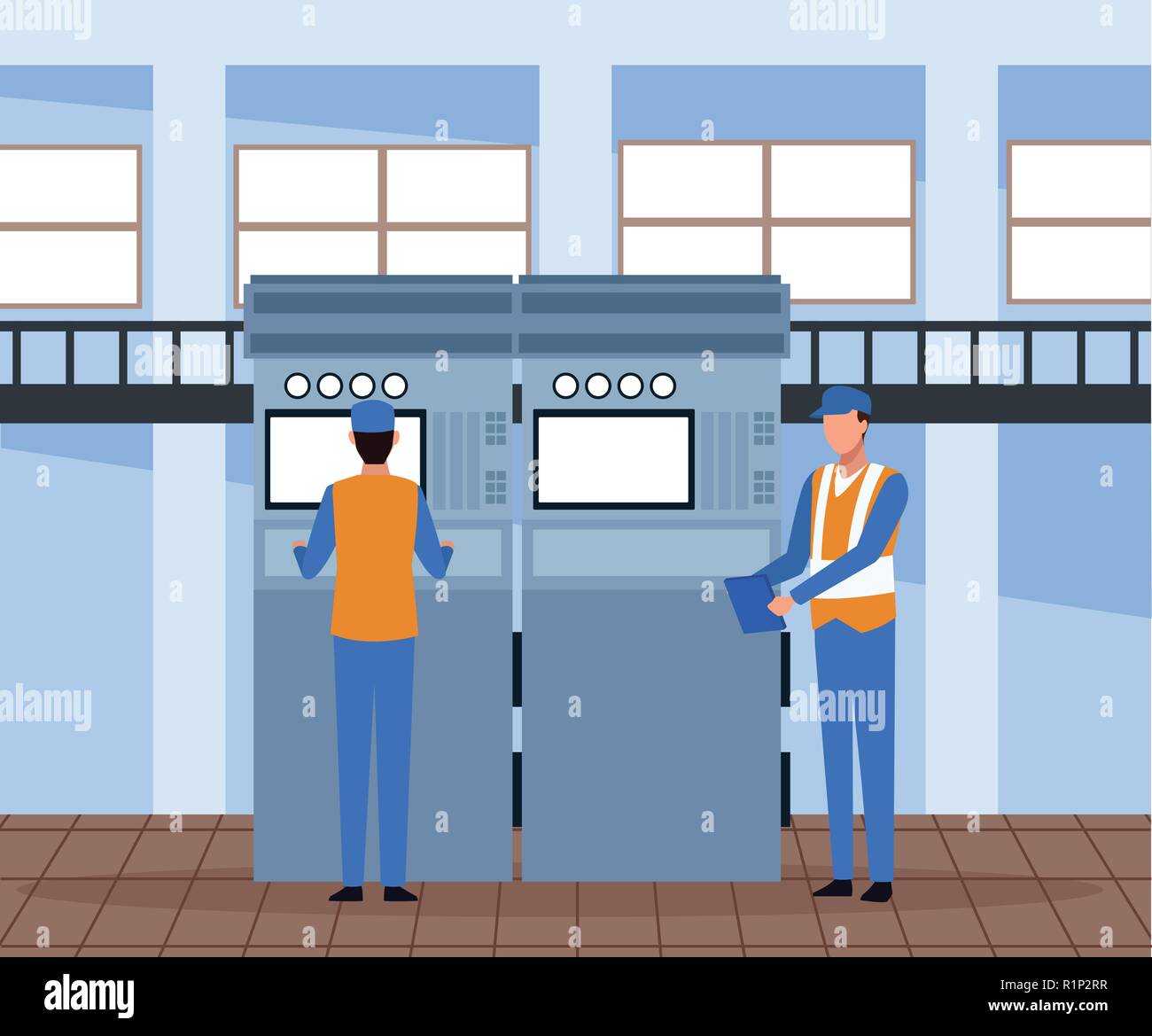 Factory workers operating machinery scenery vector illustration graphic ...