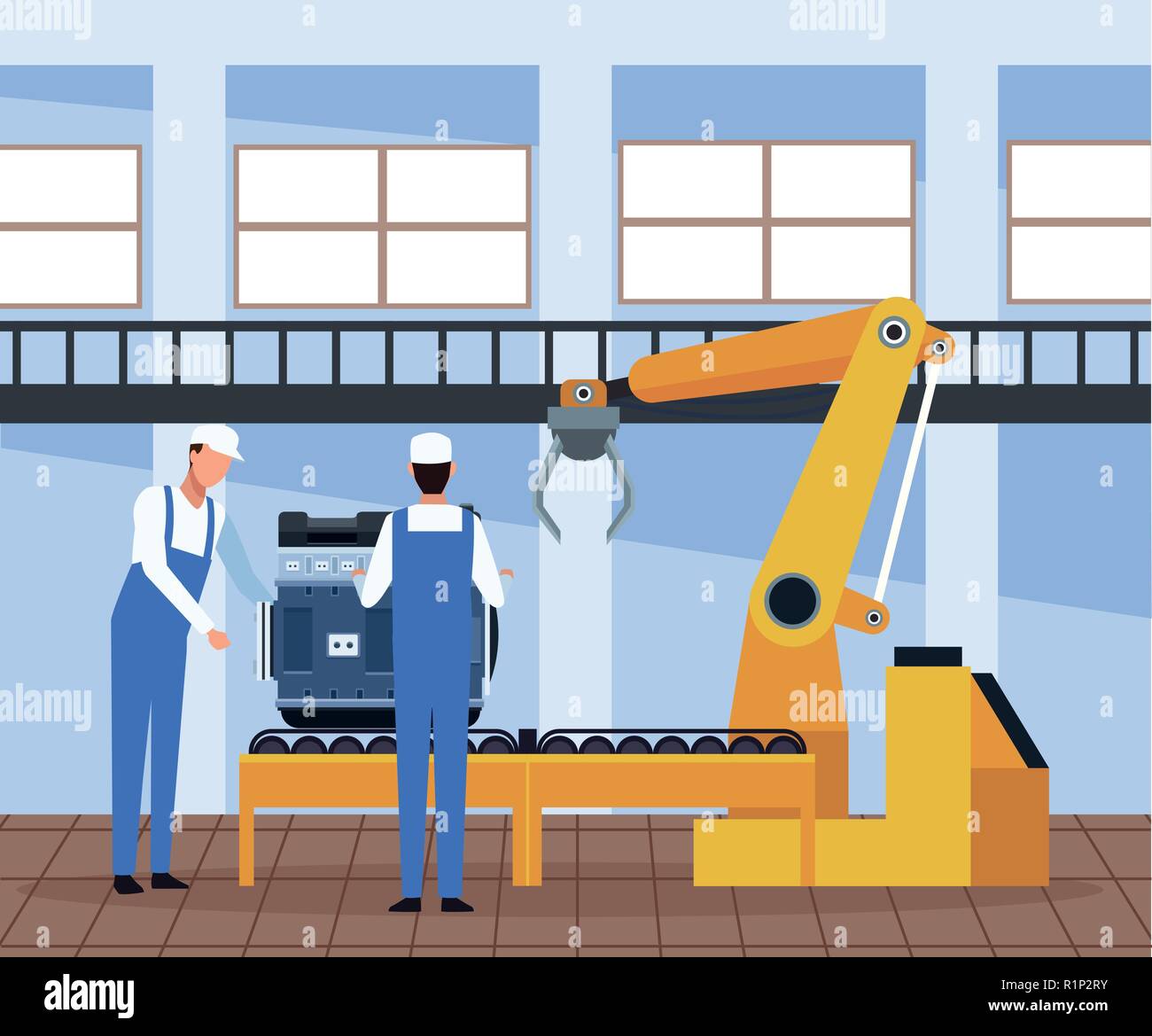 Workers on factory car assembling interior vector illustration graphic ...