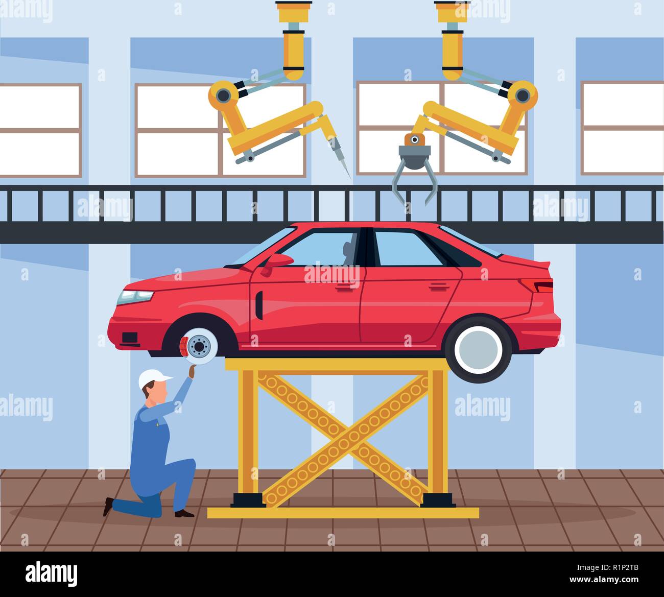 Workers on factory car assembling interior vector illustration graphic ...
