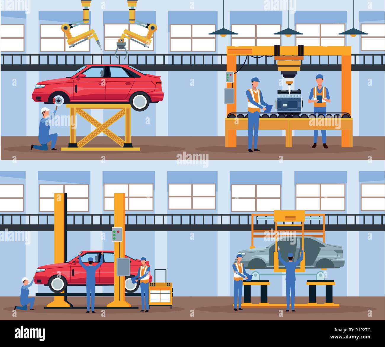 Workers on factory car and assembling interior vector illustration ...