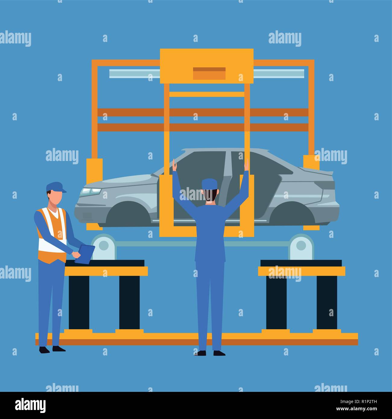Workers on factory car and assembling interior vector illustration ...