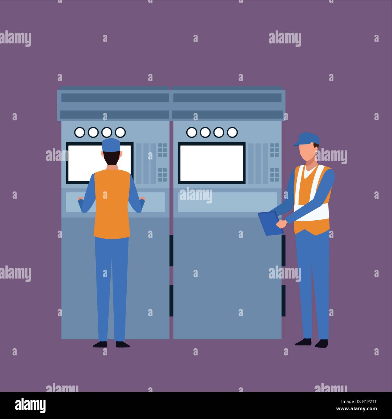 Factory workers operating machinery scenery vector illustration graphic ...