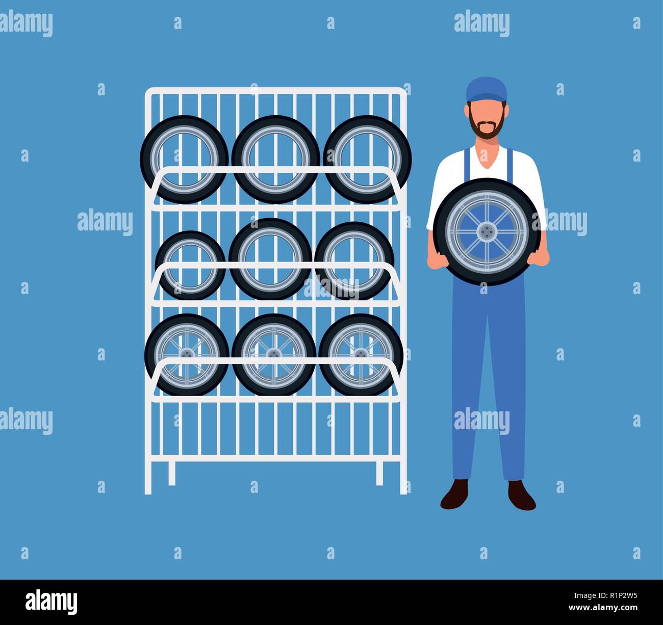 Workers on factory car tires and assembling vector illustration graphic ...