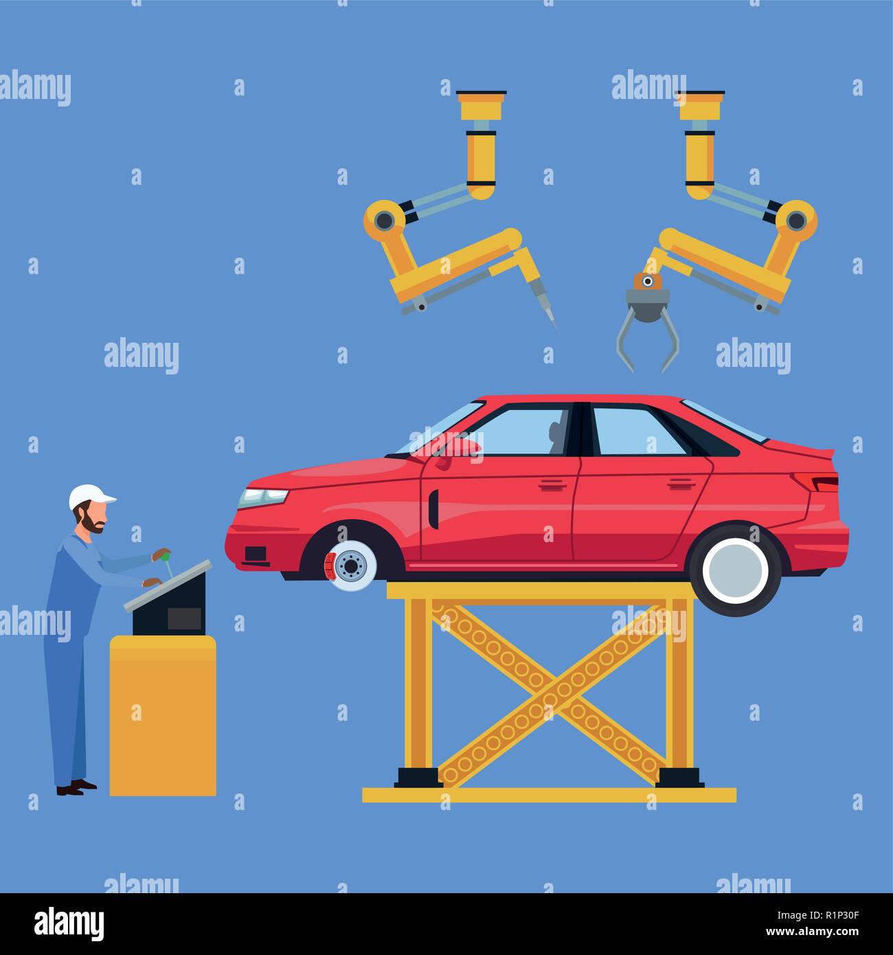 Worker on factory car and assembling shop vector illustration graphic ...