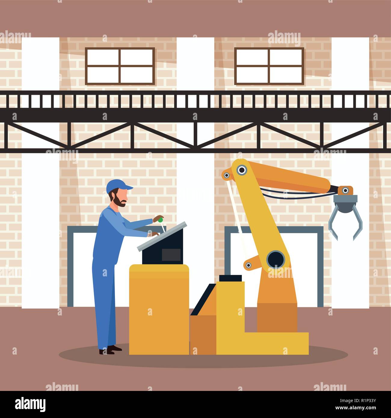 Worker on factory car and assembling shop vector illustration graphic ...