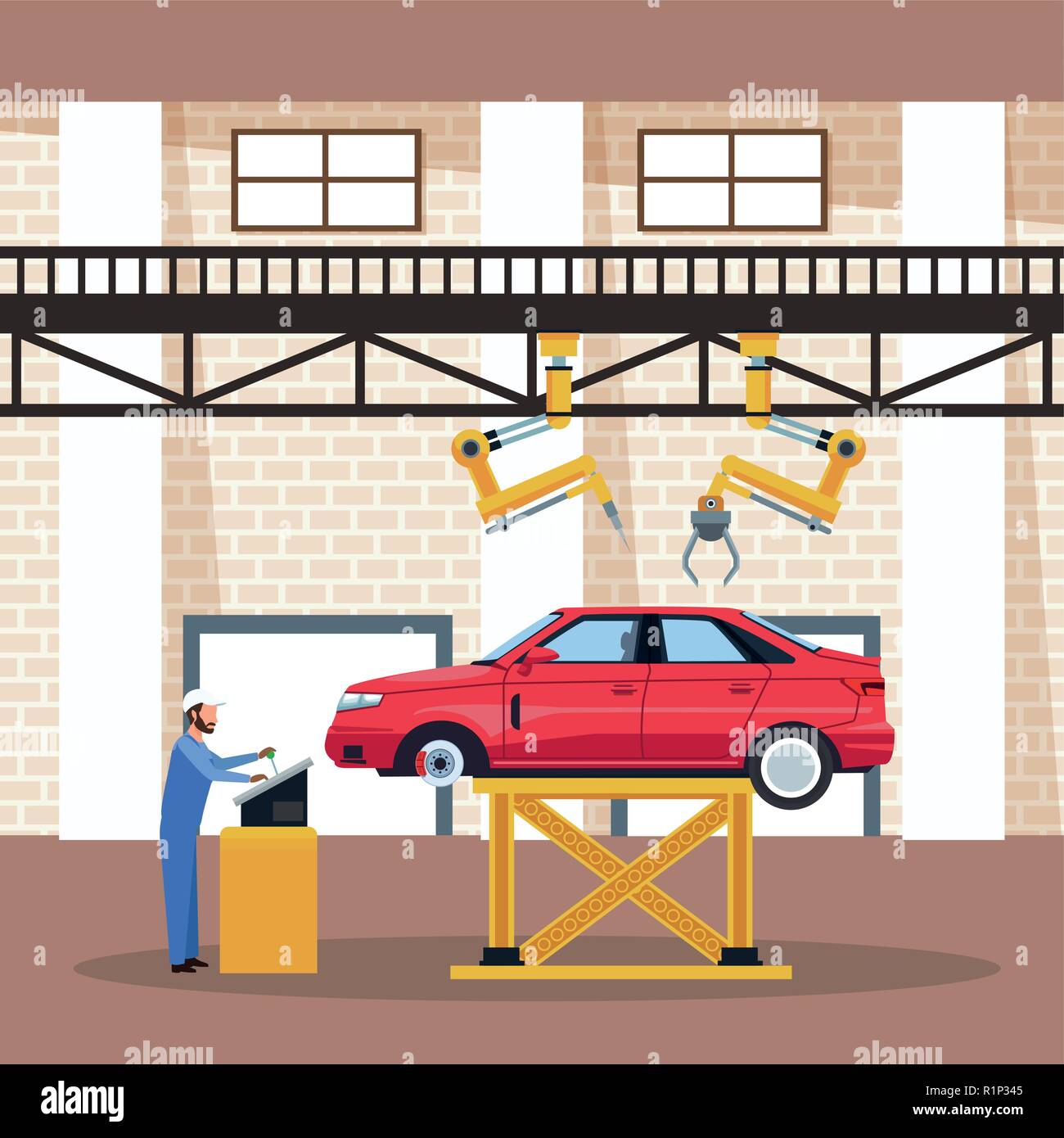 Worker on factory car and assembling shop vector illustration graphic ...