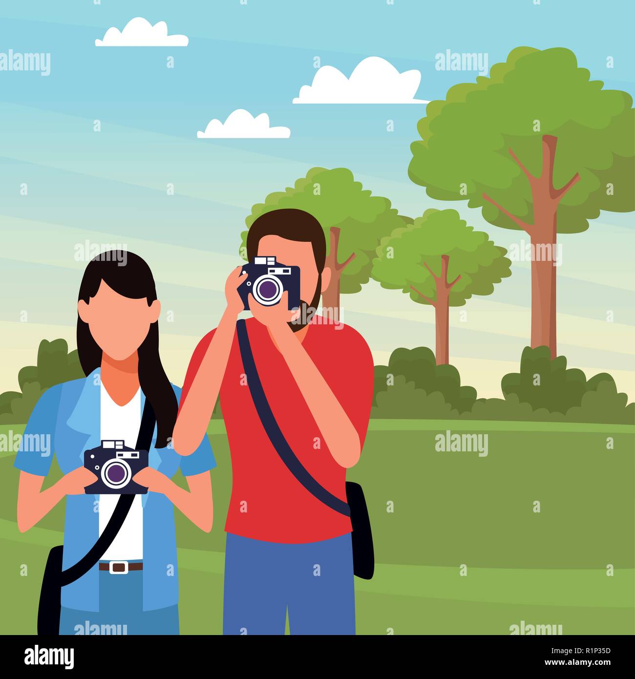 Photographers with cameras at nature park vector illustration graphic ...