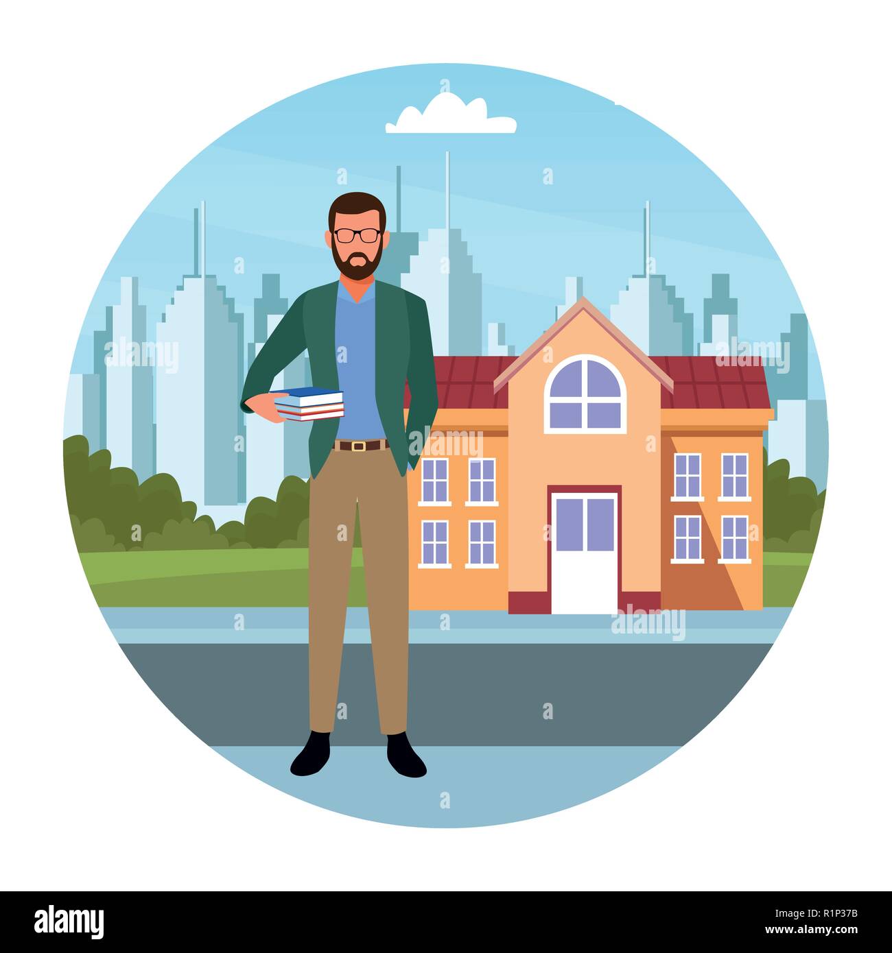 Man teacher with books outside of academy building vector illustration ...