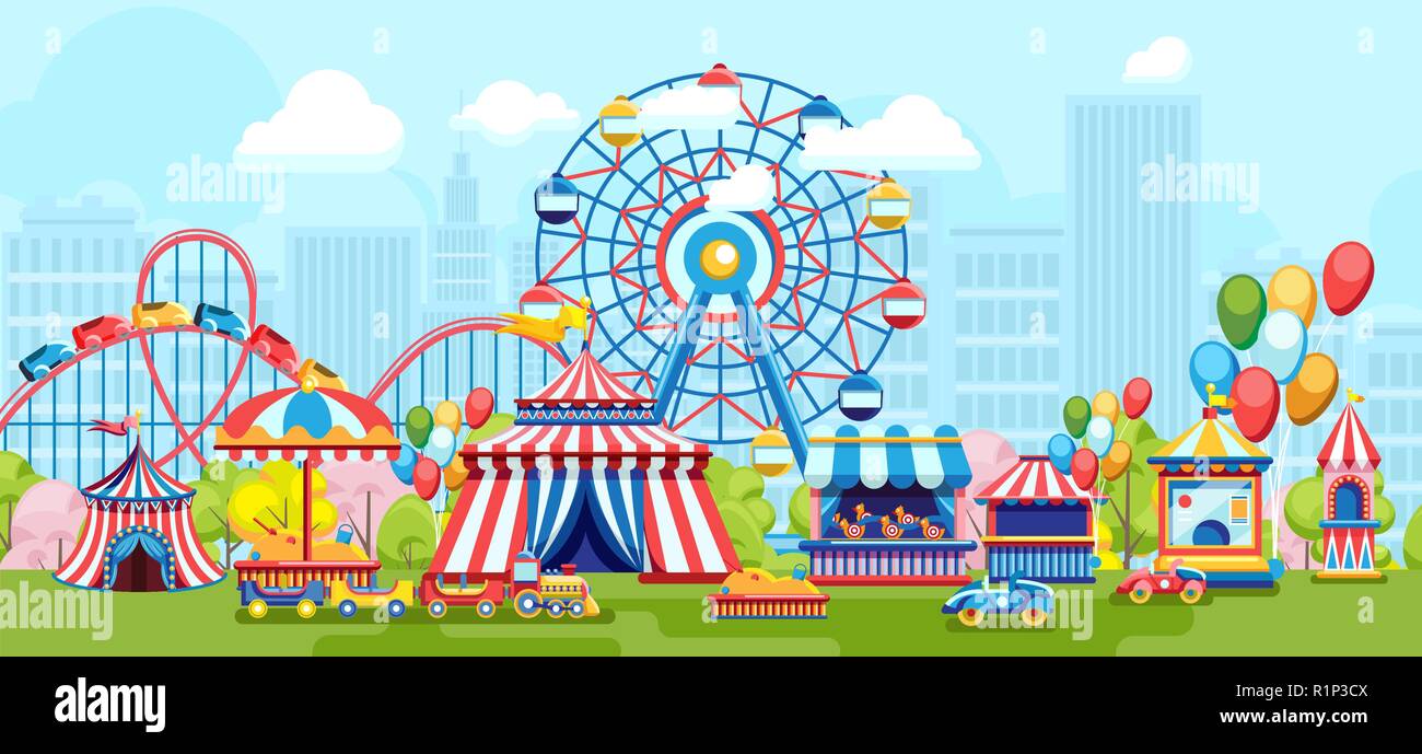 Colorful amusement park with merry-go-rounds Stock Vector Image & Art ...