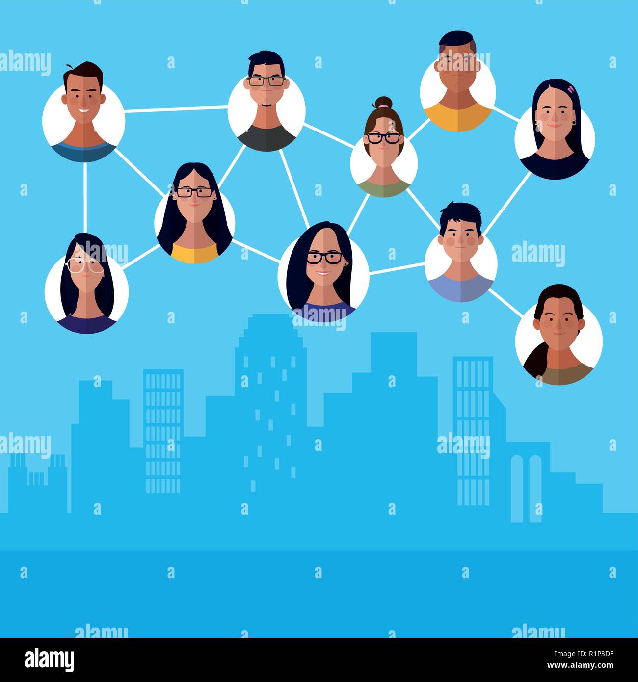 people faces connecting multicolor city landscape background round icon ...