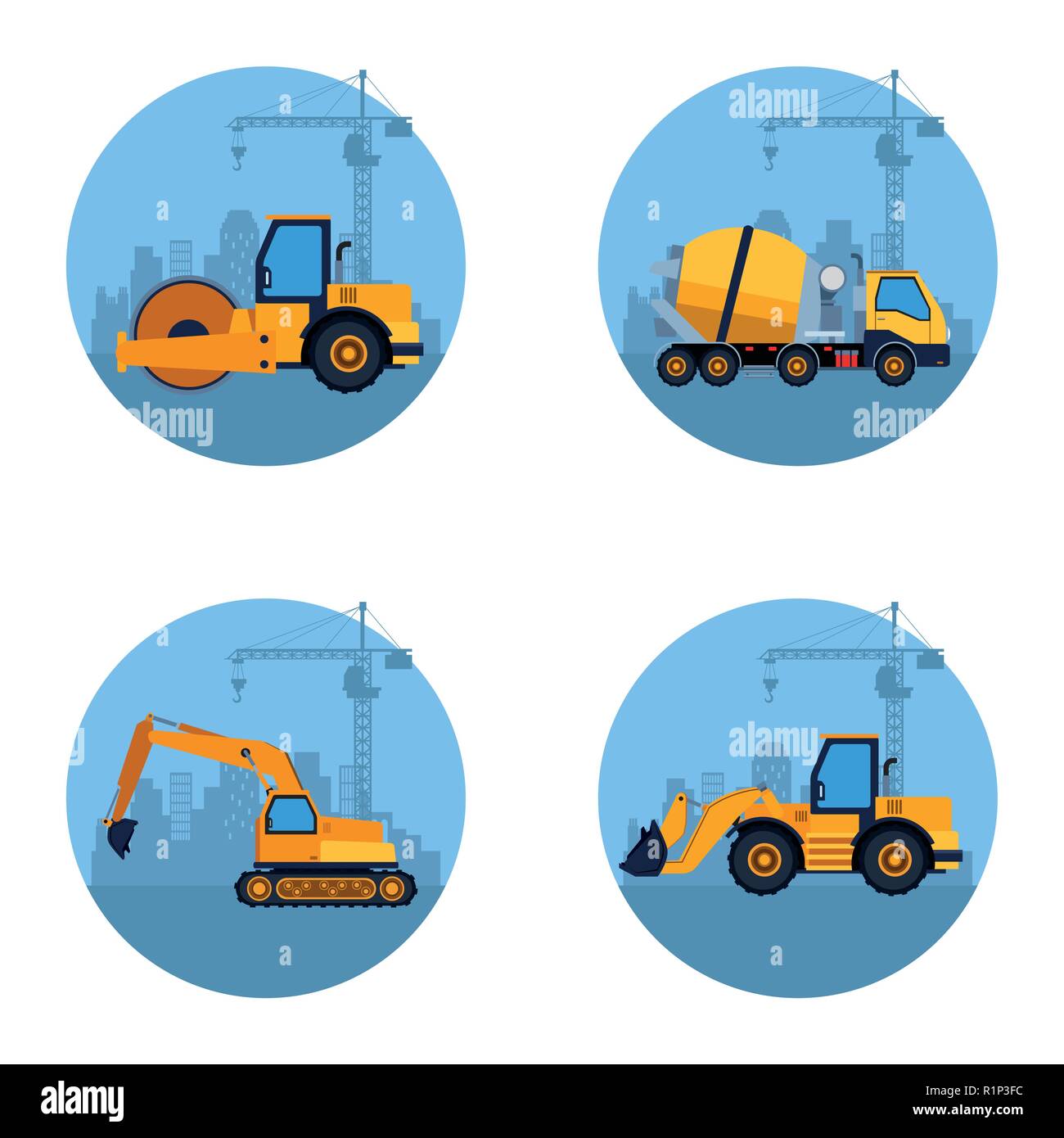 construction vehicles round icon blue background construction landscape ...