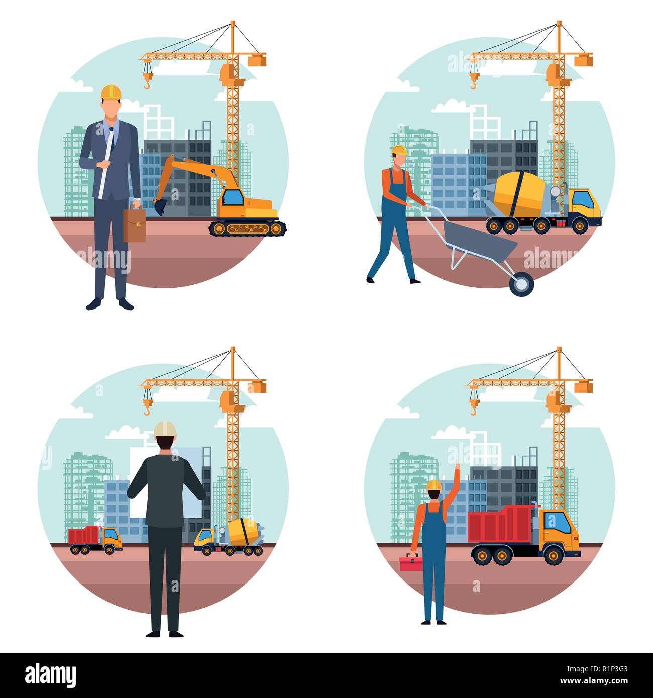 construction engineer leading work with builders and coworker round ...