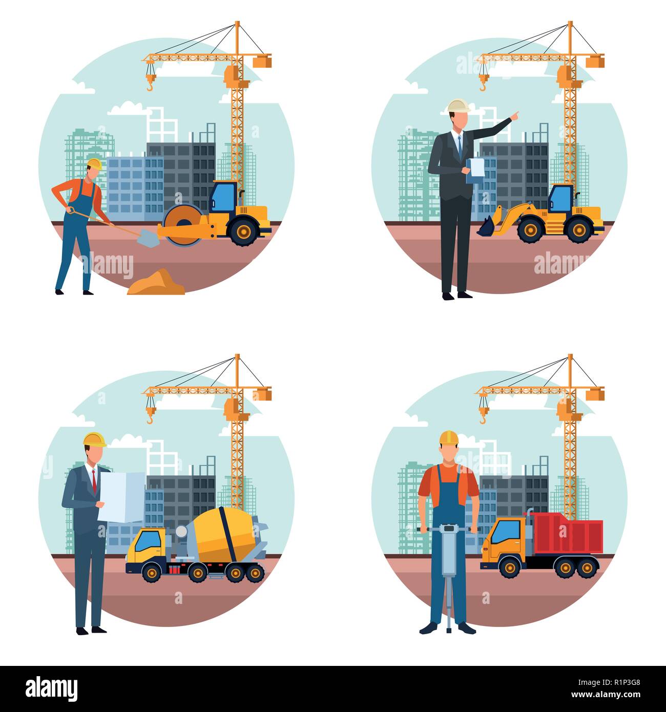 construction engineer leading work with builders and coworker round ...