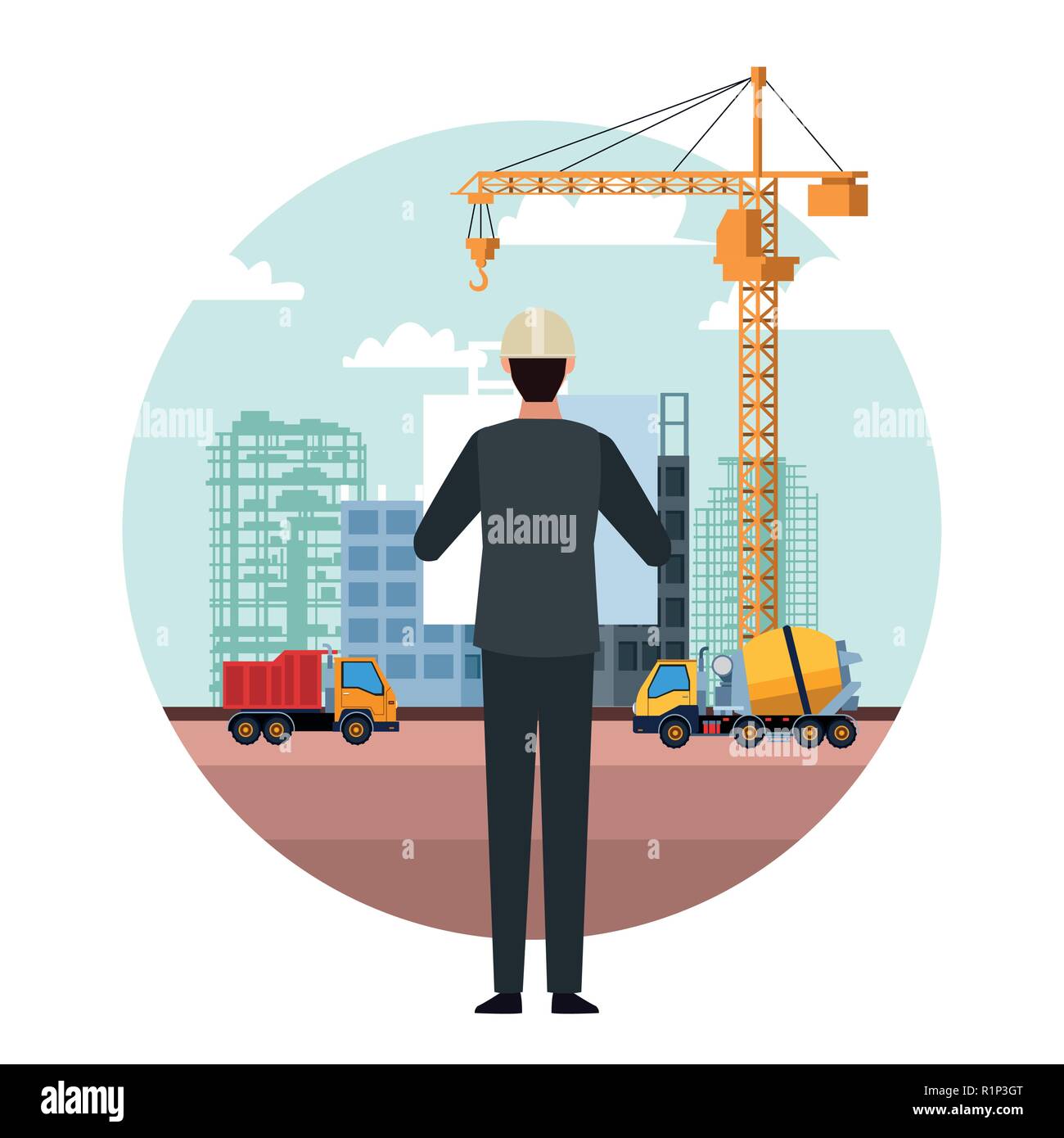 construction engineer leading work with cement truck and truck round ...