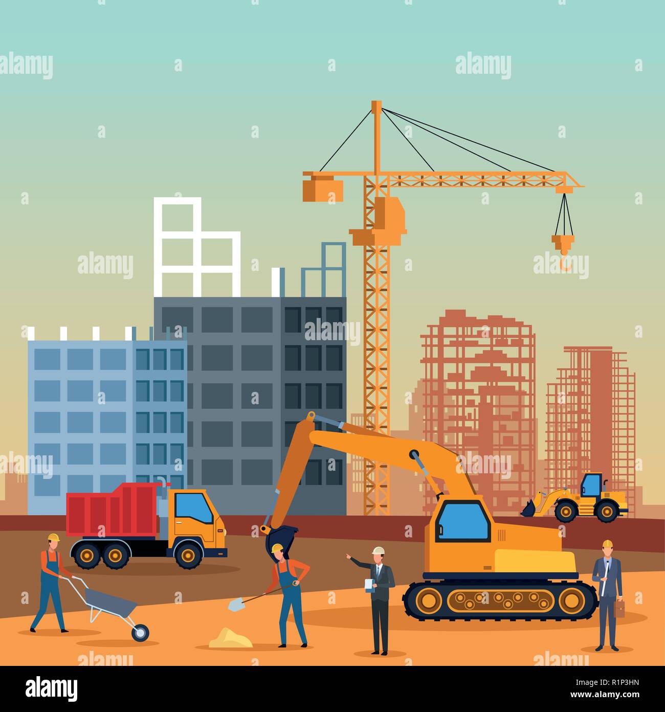 construction engineer leading work with builders and excavator cartoon ...