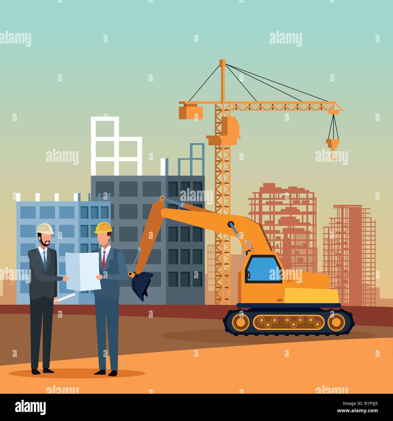 construction engineer leading work with coworker and excavator cartoon ...