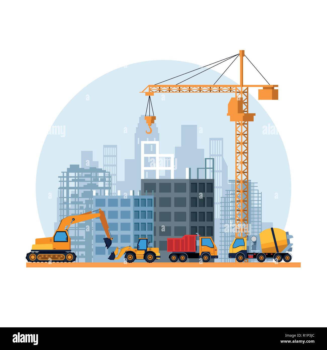 contruction site landscape with trucks cartoon vector illustration ...
