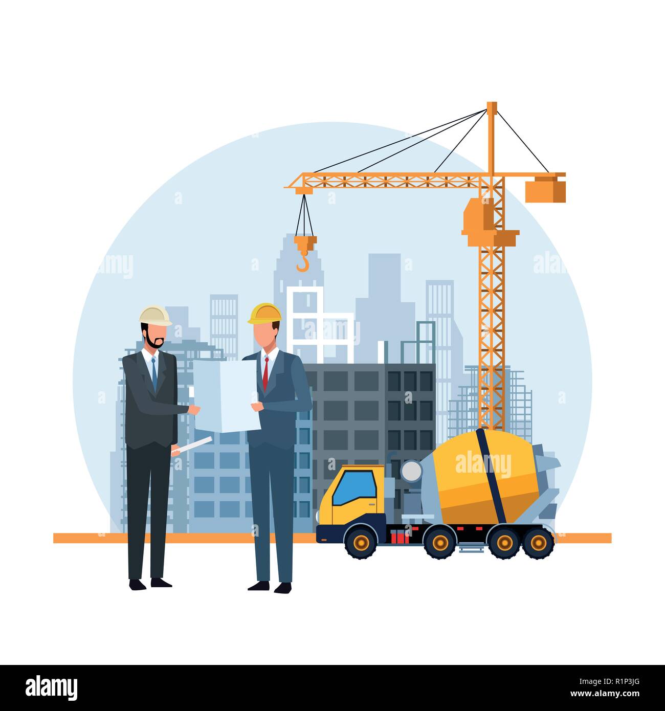 construction engineer leading work with coworker and cement truck ...