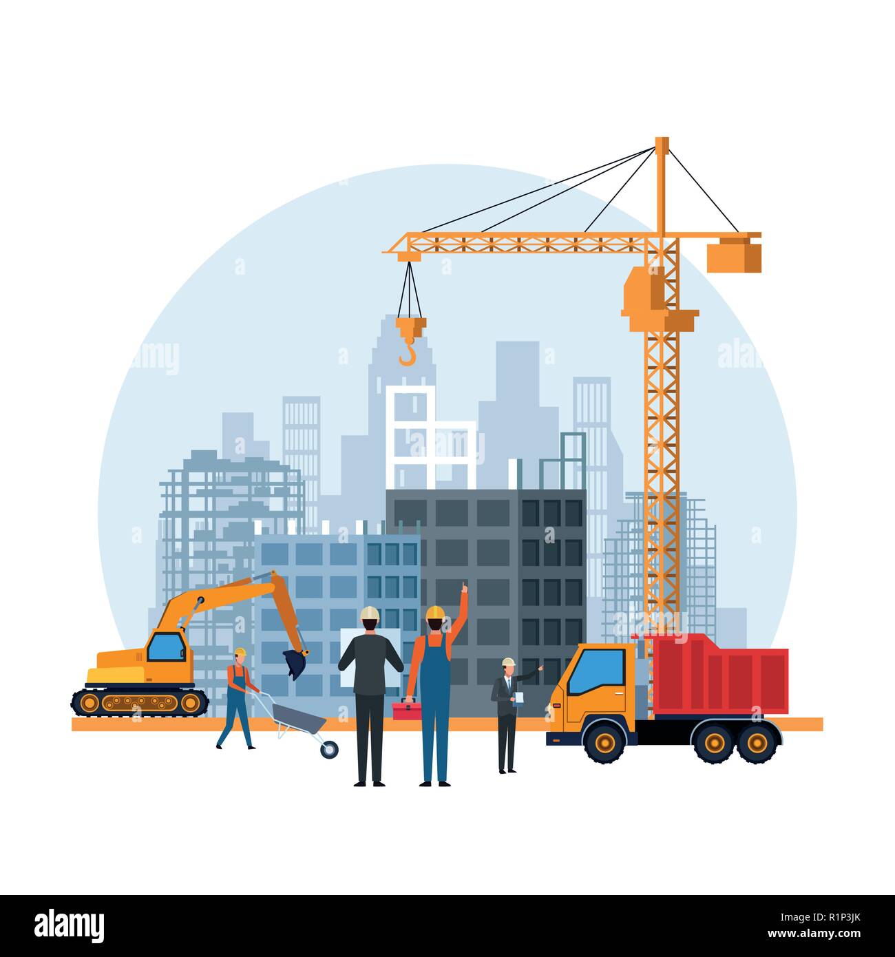 construction engineer leading work with truck and excavator cartoon ...