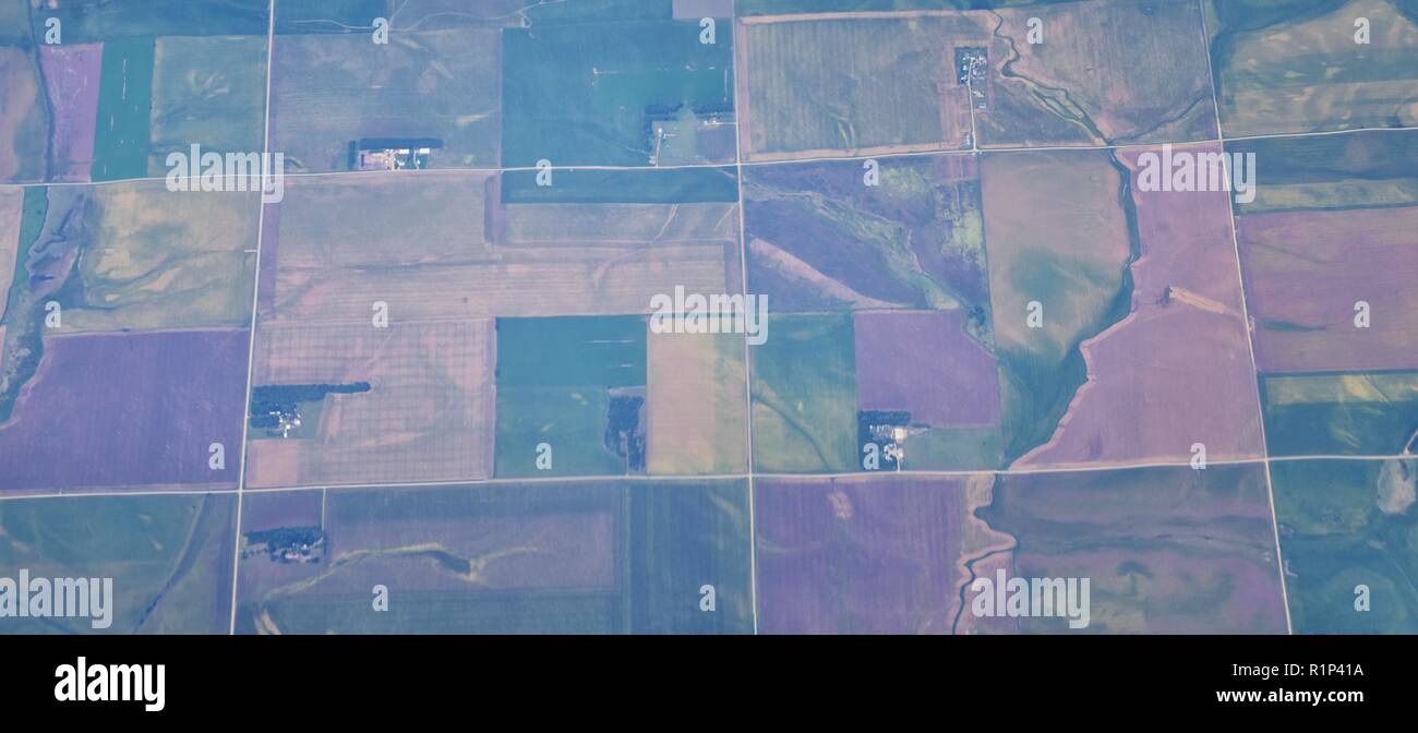 Aerial view of crop circles and squares over midwest states on flight ...
