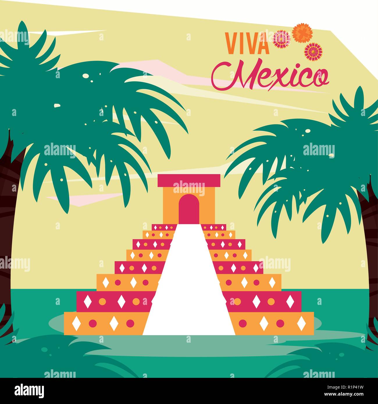 kukulkan ancient temple with palm and viva mexico vector illustration ...