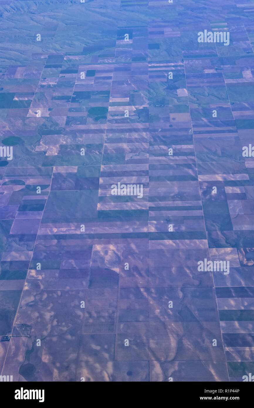 Aerial view of crop circles and squares over midwest states on flight ...