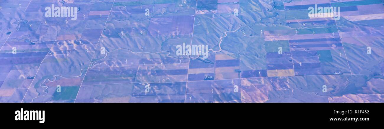 Aerial view of crop circles and squares over midwest states on flight ...
