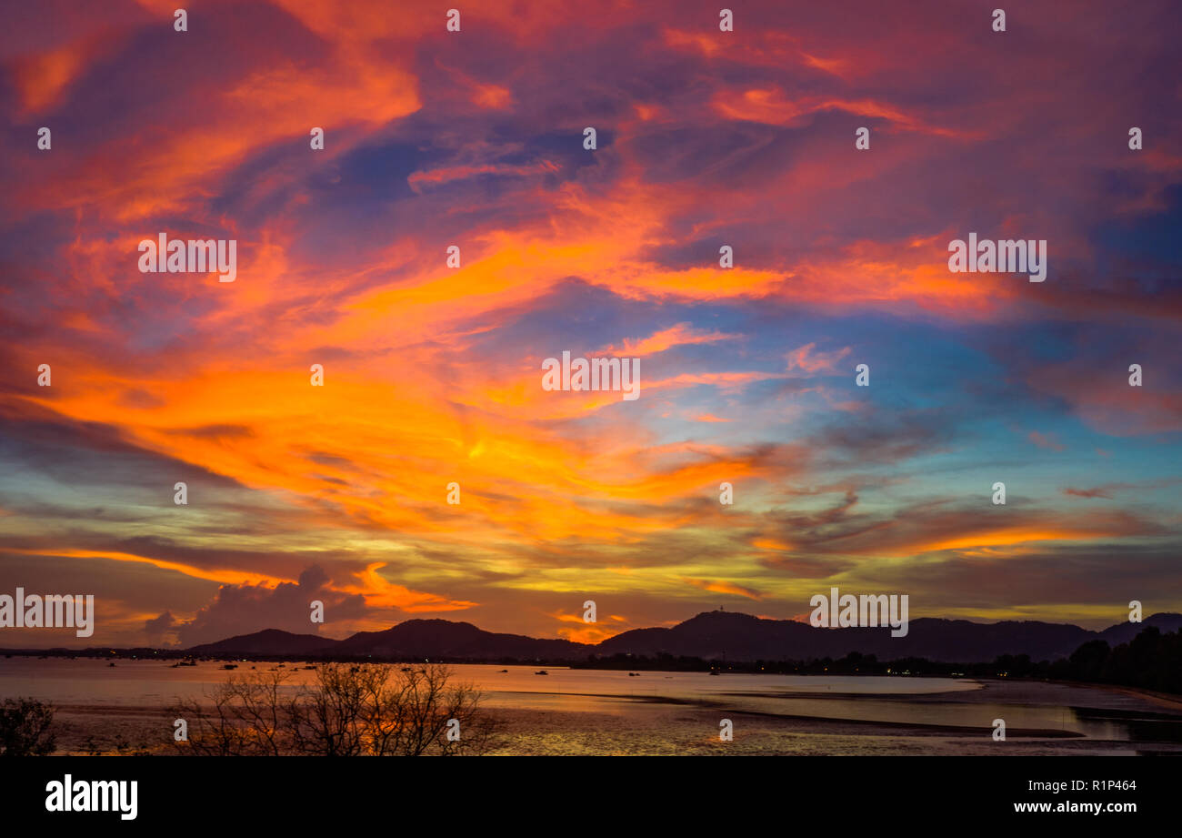 aerial view beautiful sunset in Mudong canal conect to Chalong bay ...