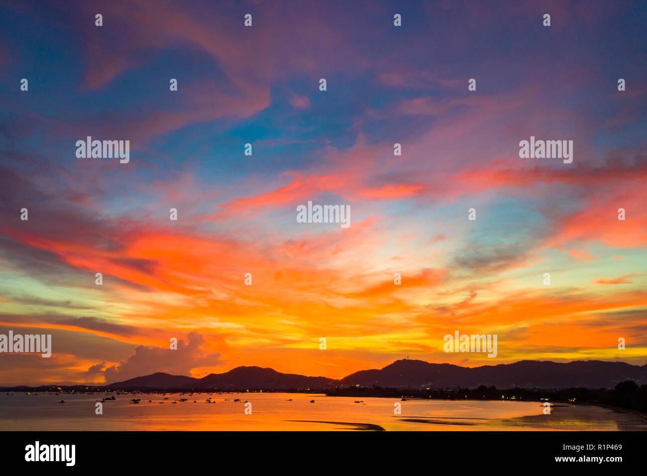 aerial view beautiful sunset in Mudong canal conect to Chalong bay ...