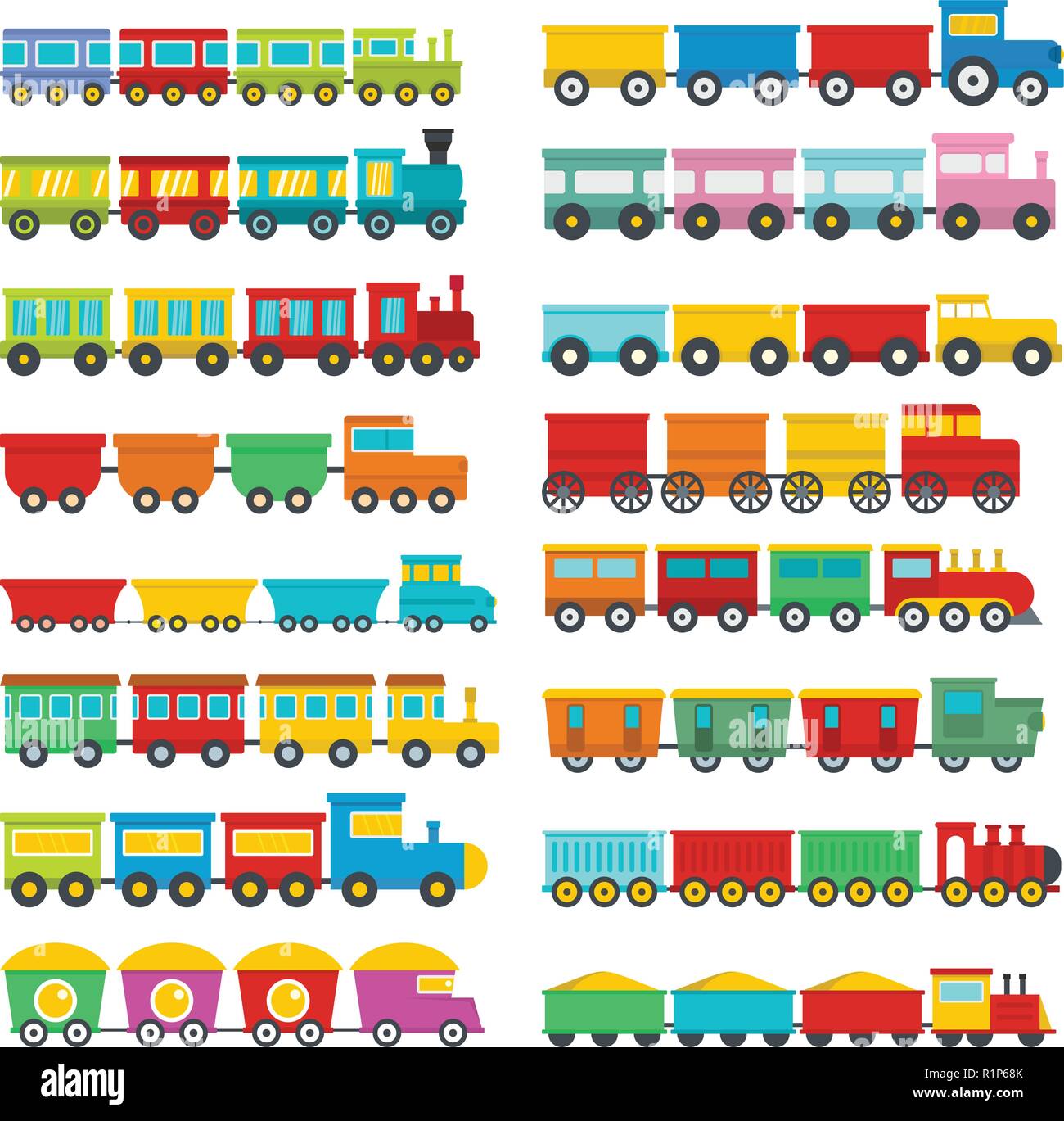 Train toy children icons set. Flat illustration of 16 train toy ...